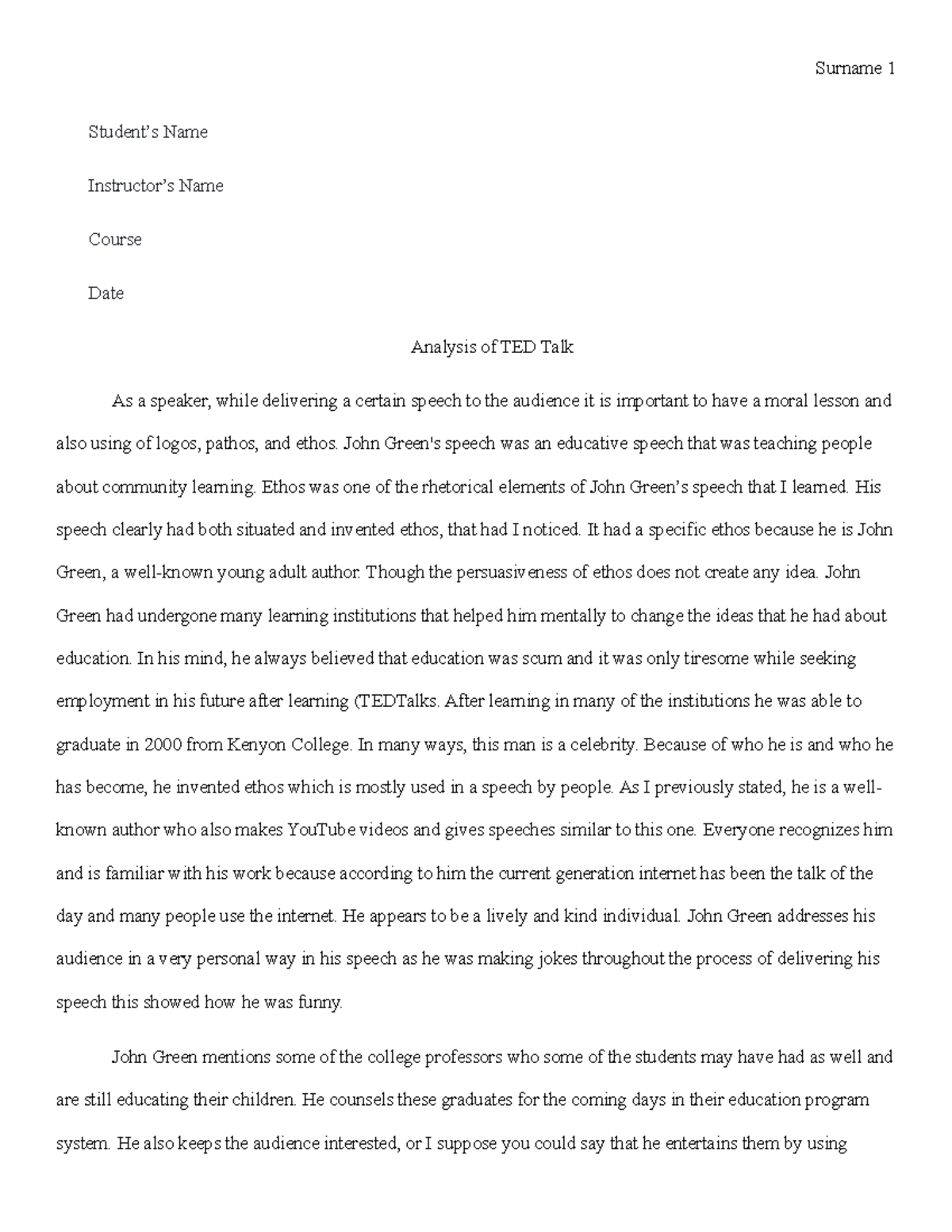 Analysis of TED Talk - Student’s Name Instructor’s Name Course Date ...