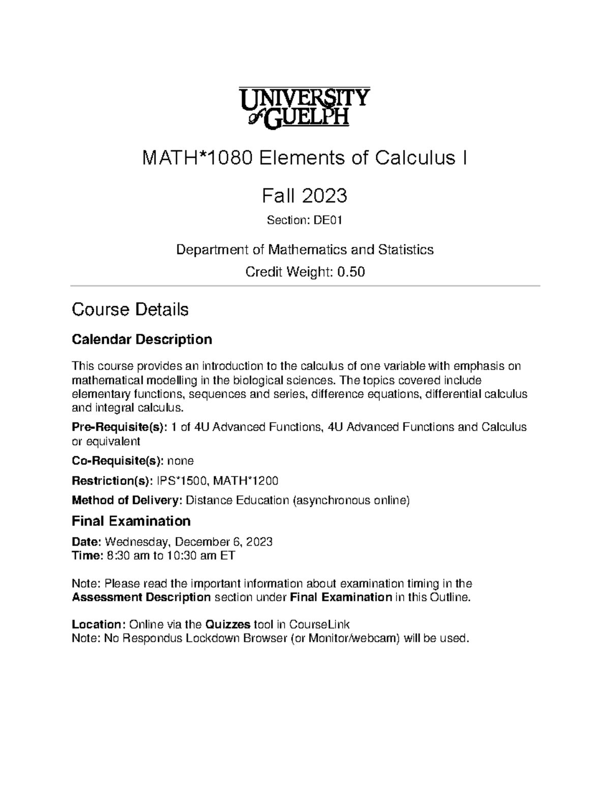 Math 1080 Outline - MATH*1080 Elements of Calculus I Fall 2023 Section ...