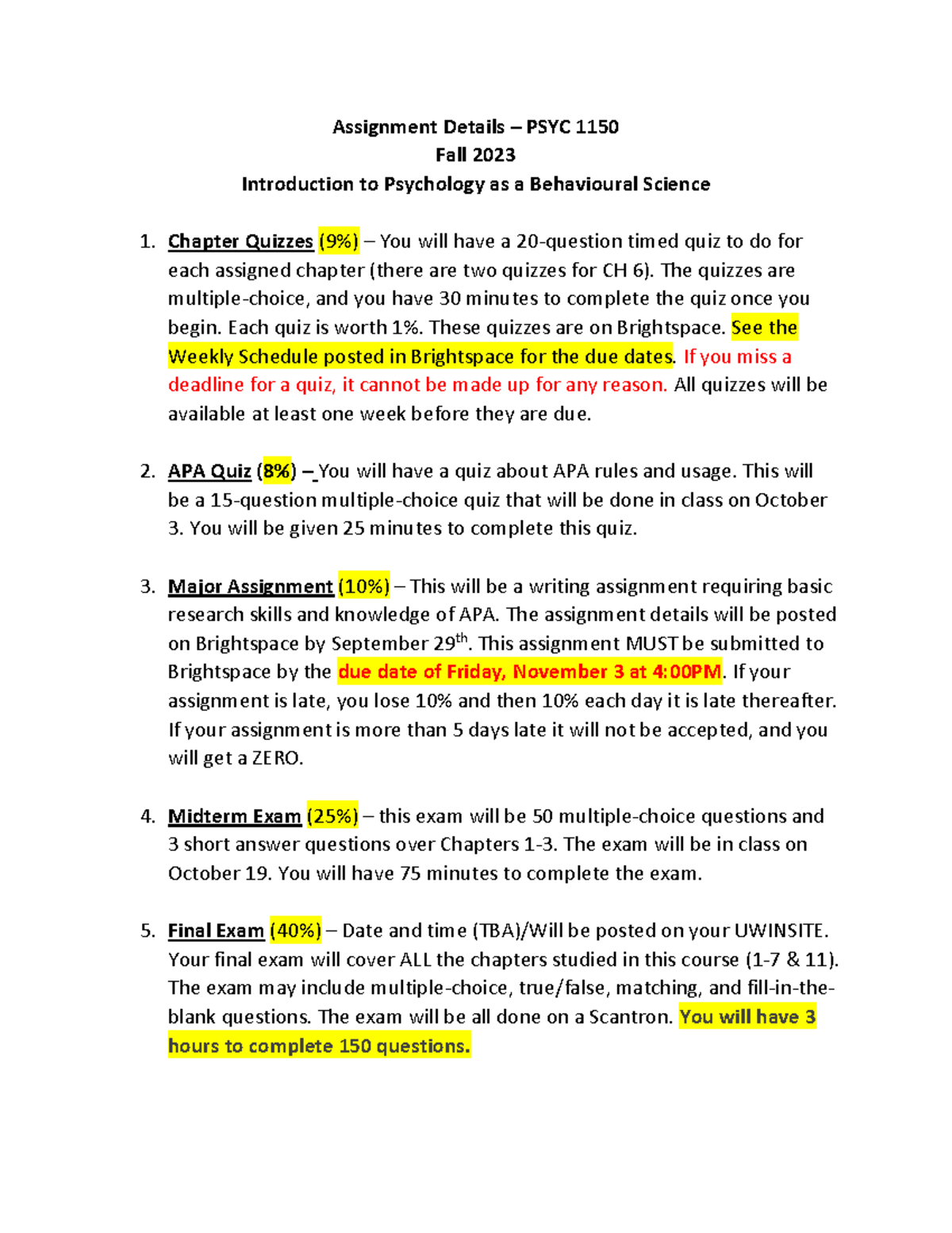 Assignment Details - F2023 - Assignment Details – PSYC 11 50 Fall 202 3 Introduction to ...