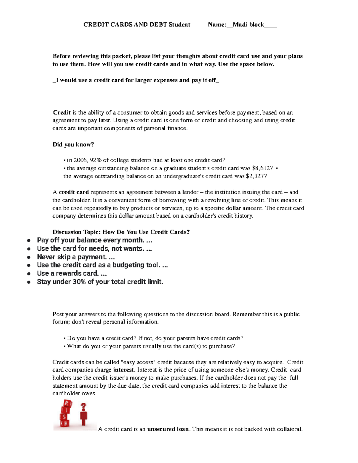 12 Credit Cards and Debt Worksheet - CREDIT CARDS AND DEBT Student Name ...