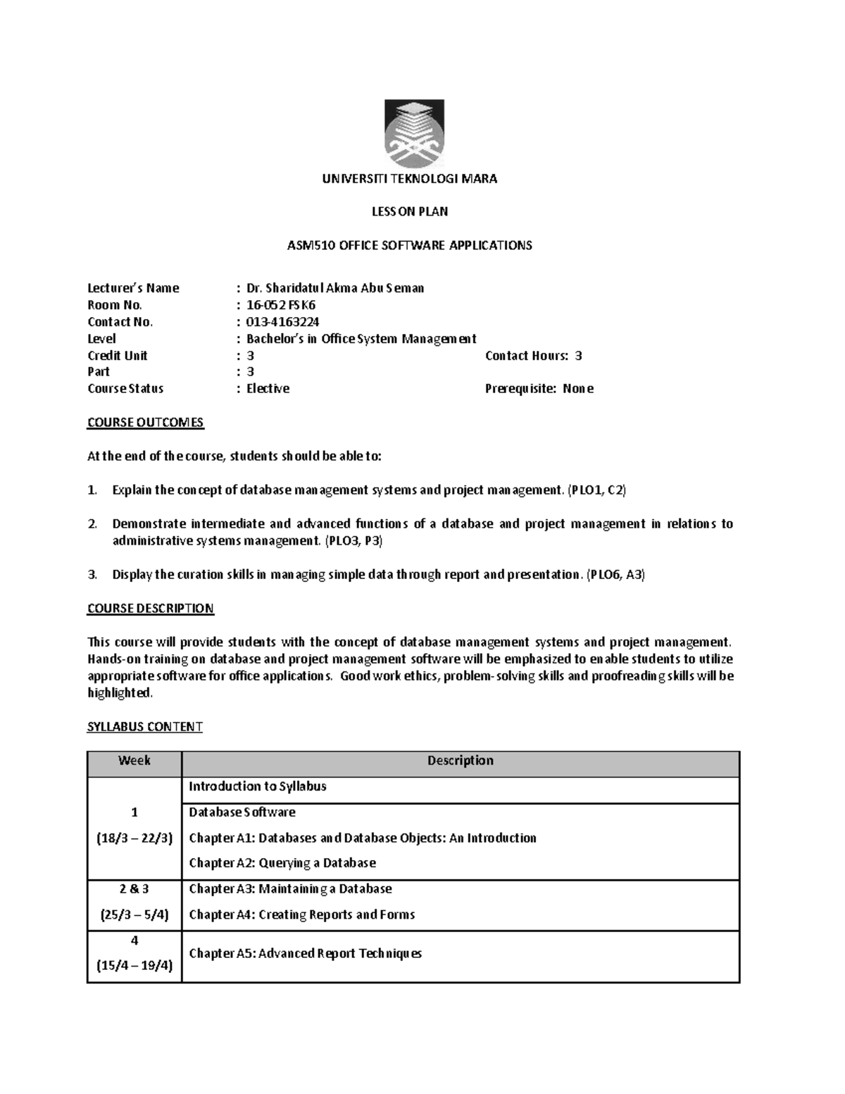 Lesson PLAN ASM510 - 20242 - UNIVERSITI TEKNOLOGI MARA LESSON PLAN ...