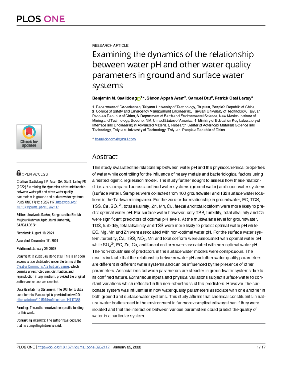 Journal - Water chemistry - RESEARCH ARTICLE Examining the dynamics of ...