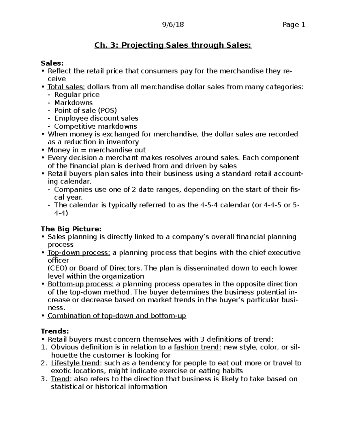 Chapter 3 notes - 9/6/18 Page 1 Ch. 3: Projecting Sales through Sales ...