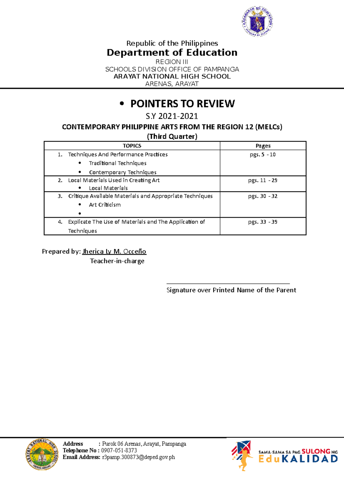 CPAR Q3 Pointers - Contemporary Philippine Arts from the Region - Address : Purok 06 Arenas ...