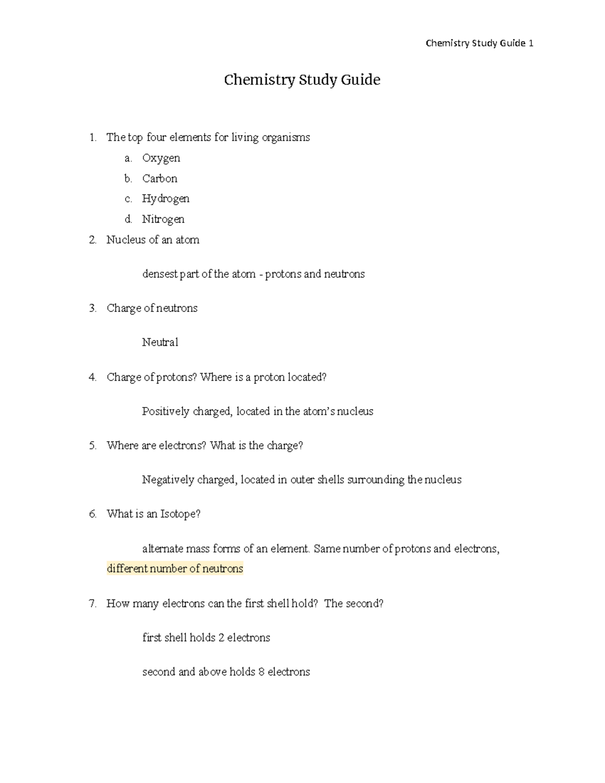 Chemistry Study Guide - Biology 1010, online - Chemistry Study Guide 1 ...