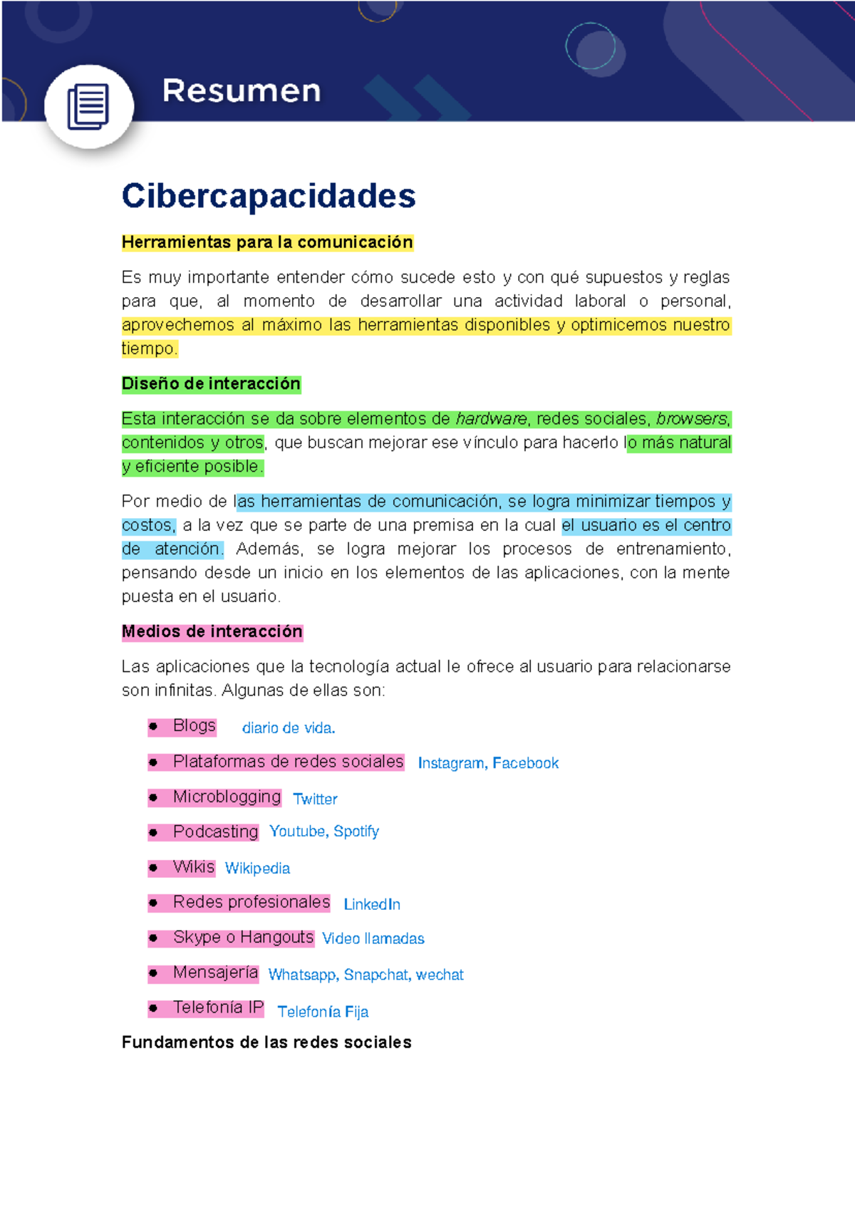 Resumen - Cibercapacidades Herramientas para la comunicación Es muy importante entender cómo ...