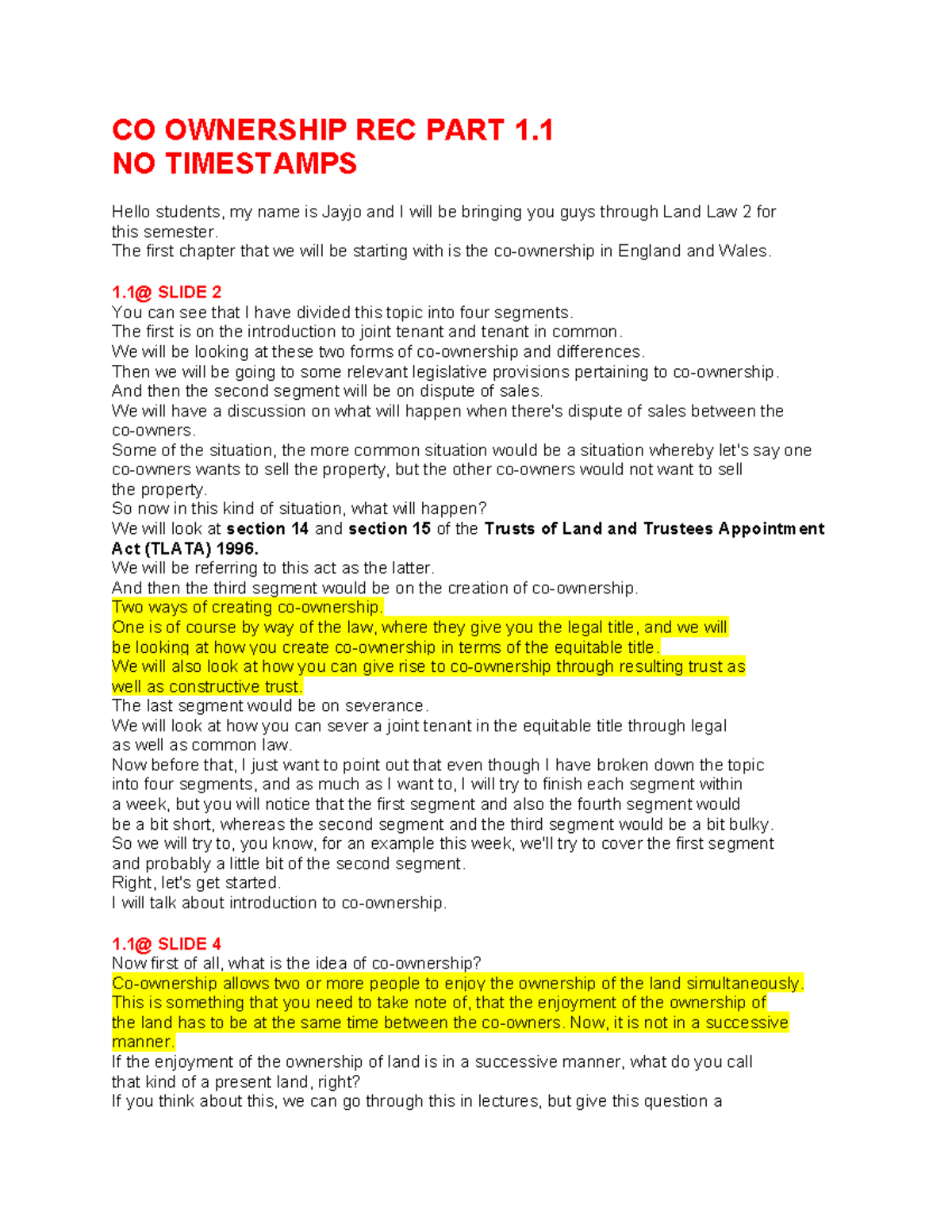 CO Ownership REC PART 1 notes - CO OWNERSHIP REC PART 1. NO TIMESTAMPS ...