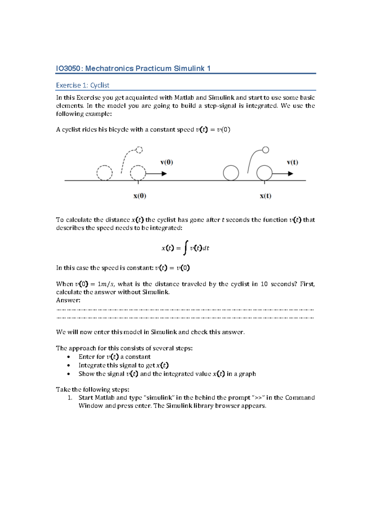 IO3050 simulink 1 - IO3050: Mechatronics Practicum Simulink 1 Exercise ...
