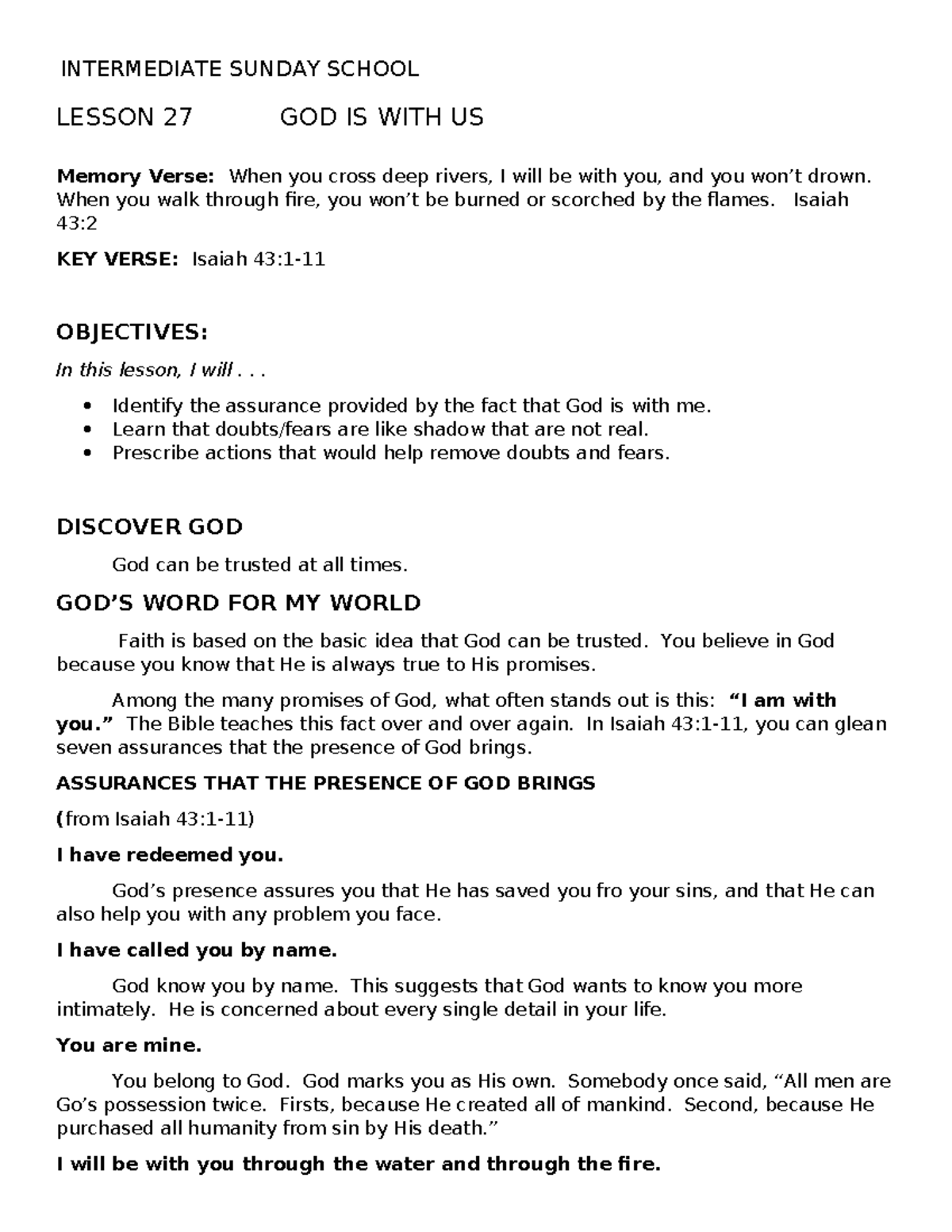 JUNE 9 2024 L27 GOD IS WITH US - INTERMEDIATE SUNDAY SCHOOL LESSON 27 ...