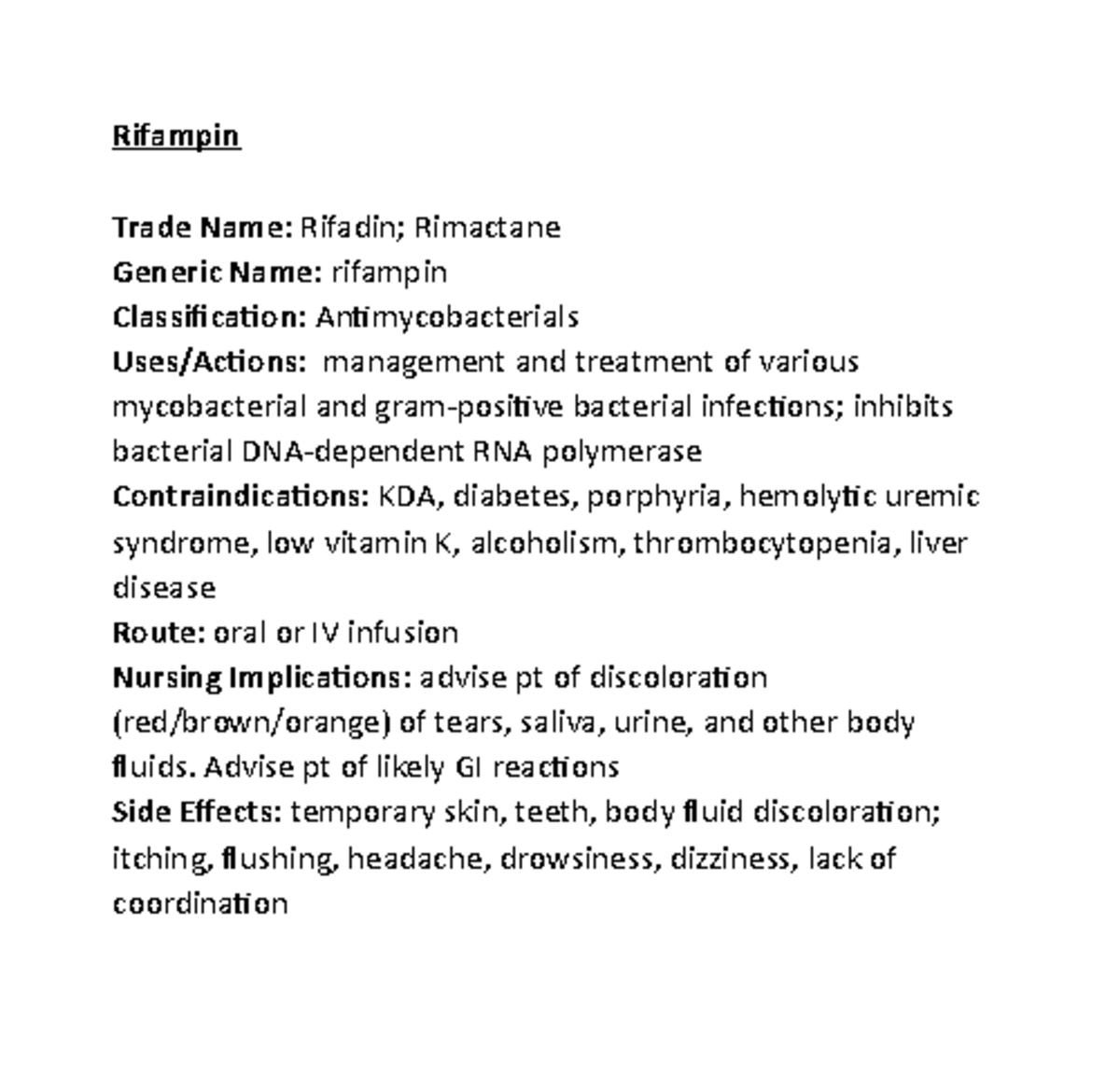 Drug Cards Set 3 - Drug flashcard review - Rifampin Trade Name: Rifadin ...