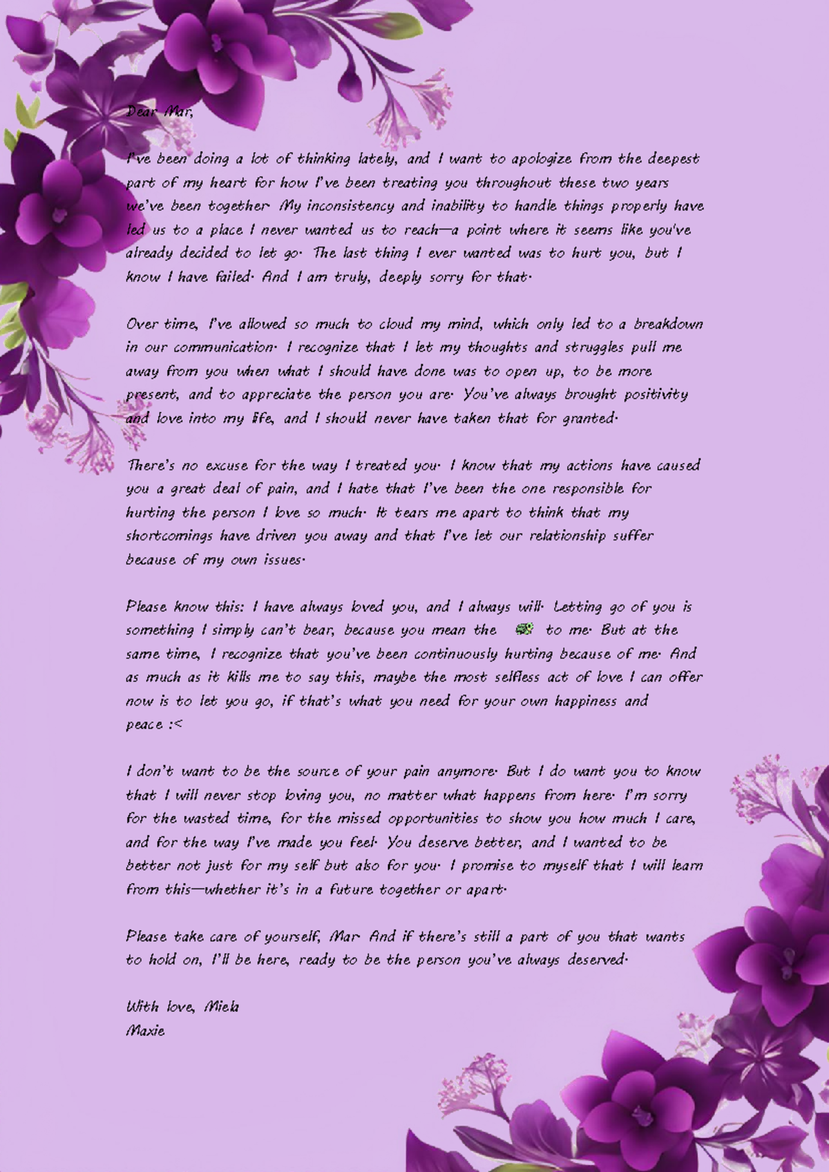 FOR MAR - LETTER - Dear Mar, I’ve been doing a lot of thinking lately ...