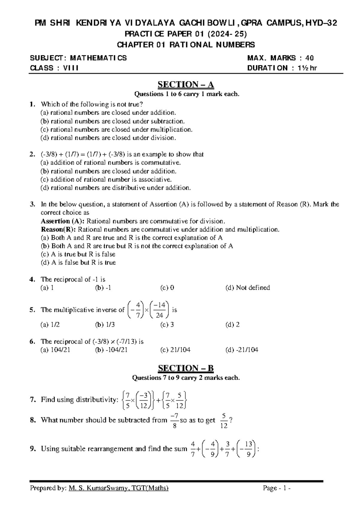 Maths class ix question bank - Prepared by: M. S. KumarSwamy, TGT(Maths ...