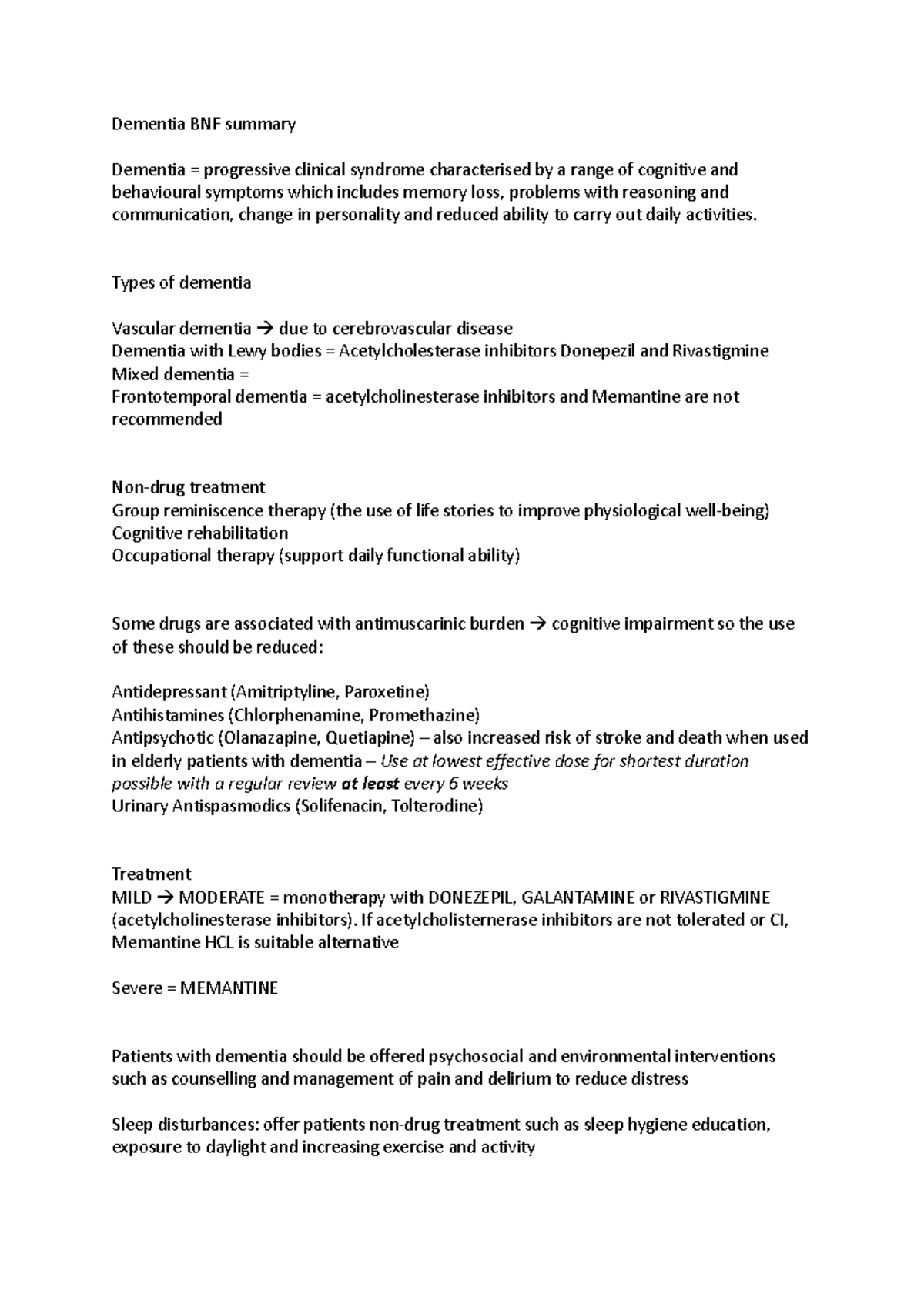 Dementia BNF summary - Dementia BNF summary Dementia = progressive ...