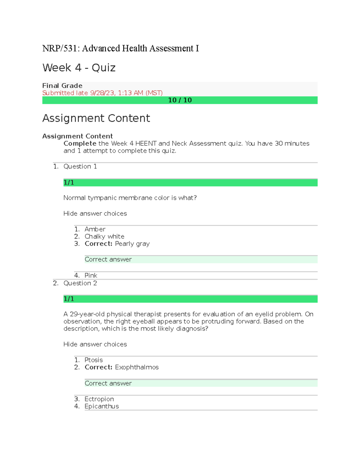 NRP 531 Week 4 Quiz - Week 4 Quiz - NRP/531: Advanced Health Assessment ...