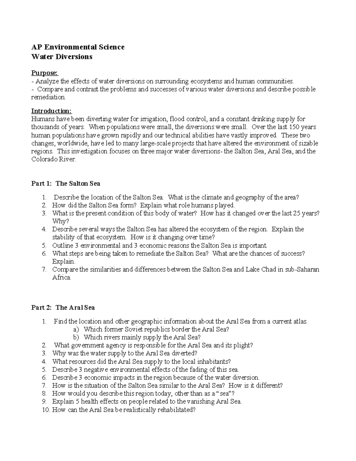 Water Diversions - AP Environmental Science Water Diversions Purpose ...