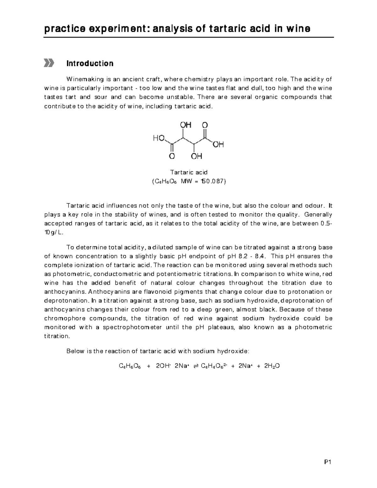 Chem 220 - Analysis of Tartaric Acid in Wine - p ract ice exp erim ent ...