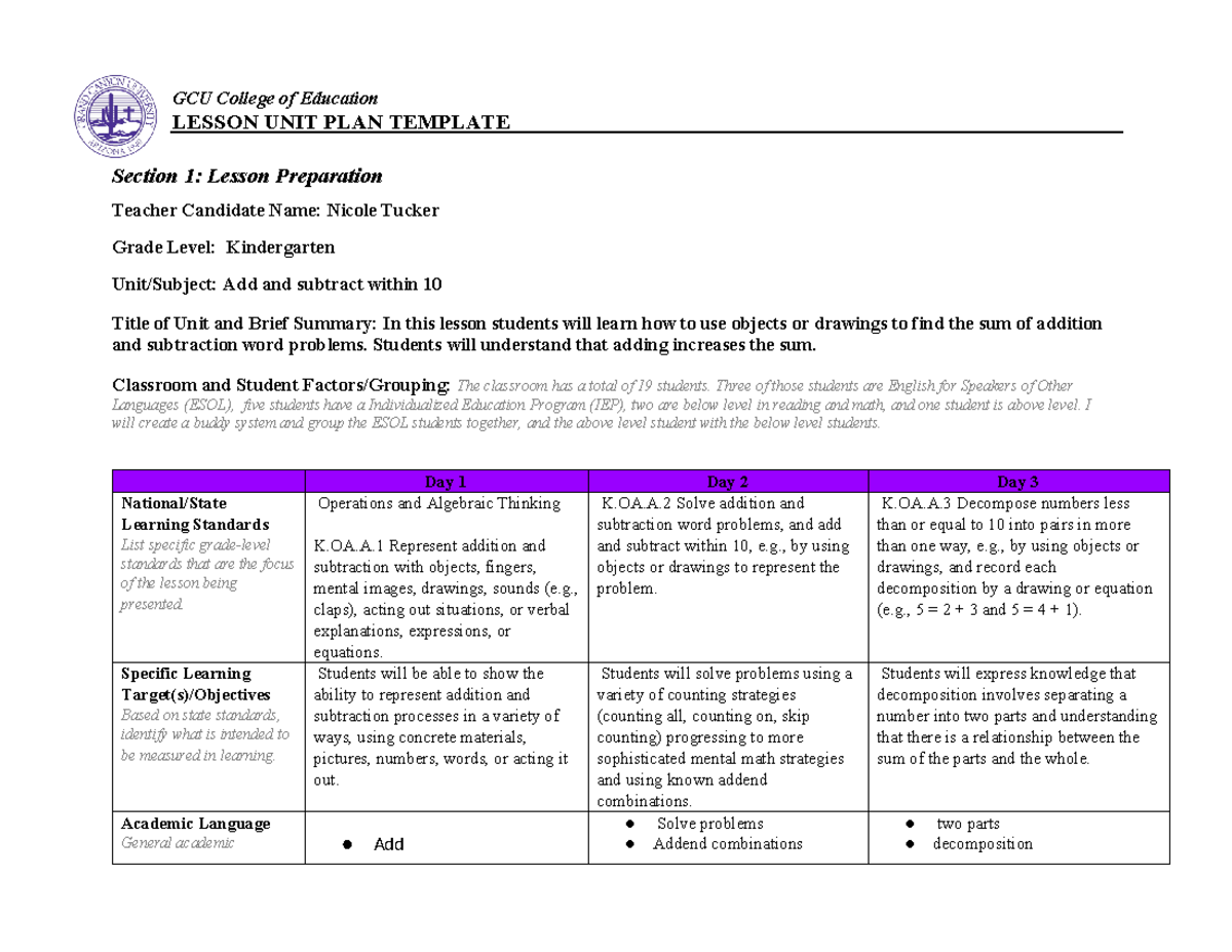 3-day unit plan template - Section 1: Lesson Preparation Teacher ...
