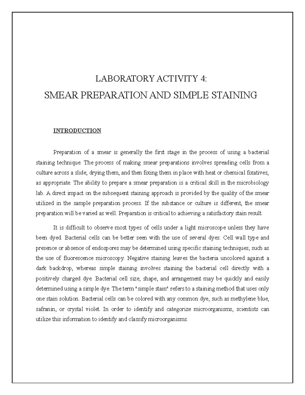 LAB4 Smear Preparation AND Simple Staining - LABORATORY ACTIVITY 4 ...