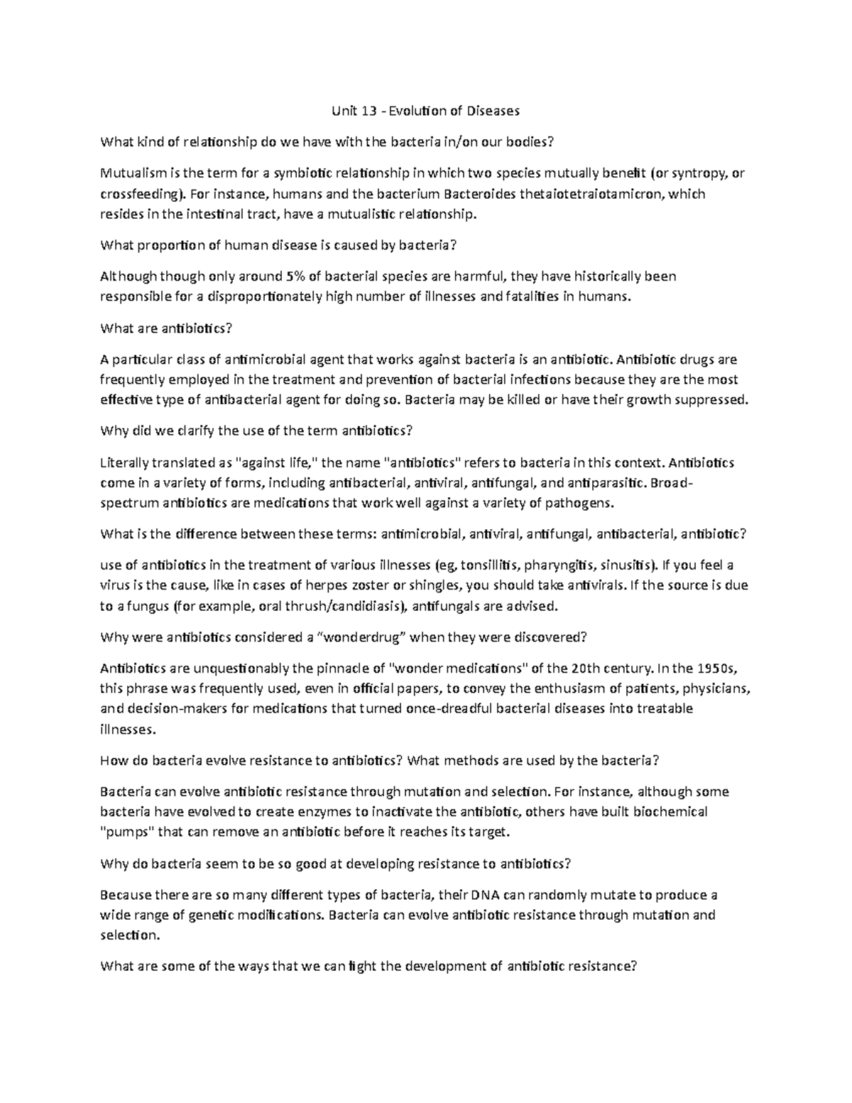 Bio 130 study guide Unit 13 - Unit 13 - Evolution of Diseases What kind ...