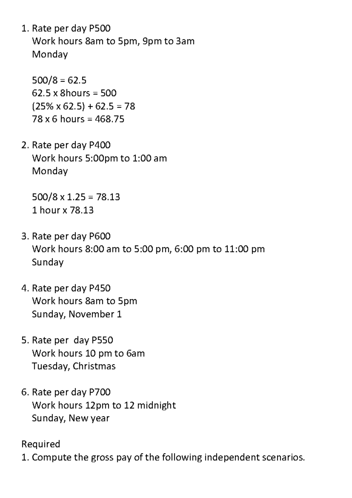 seatwork fefefefefe - Rate per day P Work hours 8am to 5pm, 9pm to 3am ...