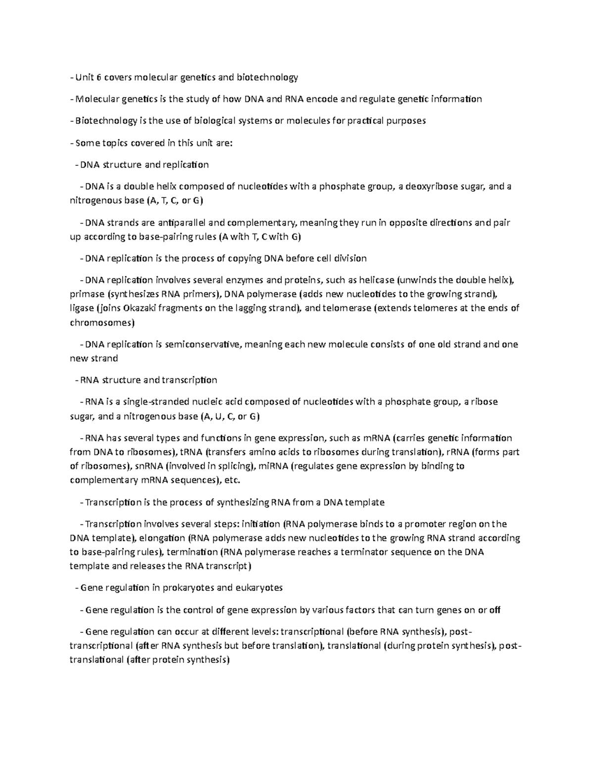 Unit 6 - Class Notes - Unit 6 covers molecular genetics and ...