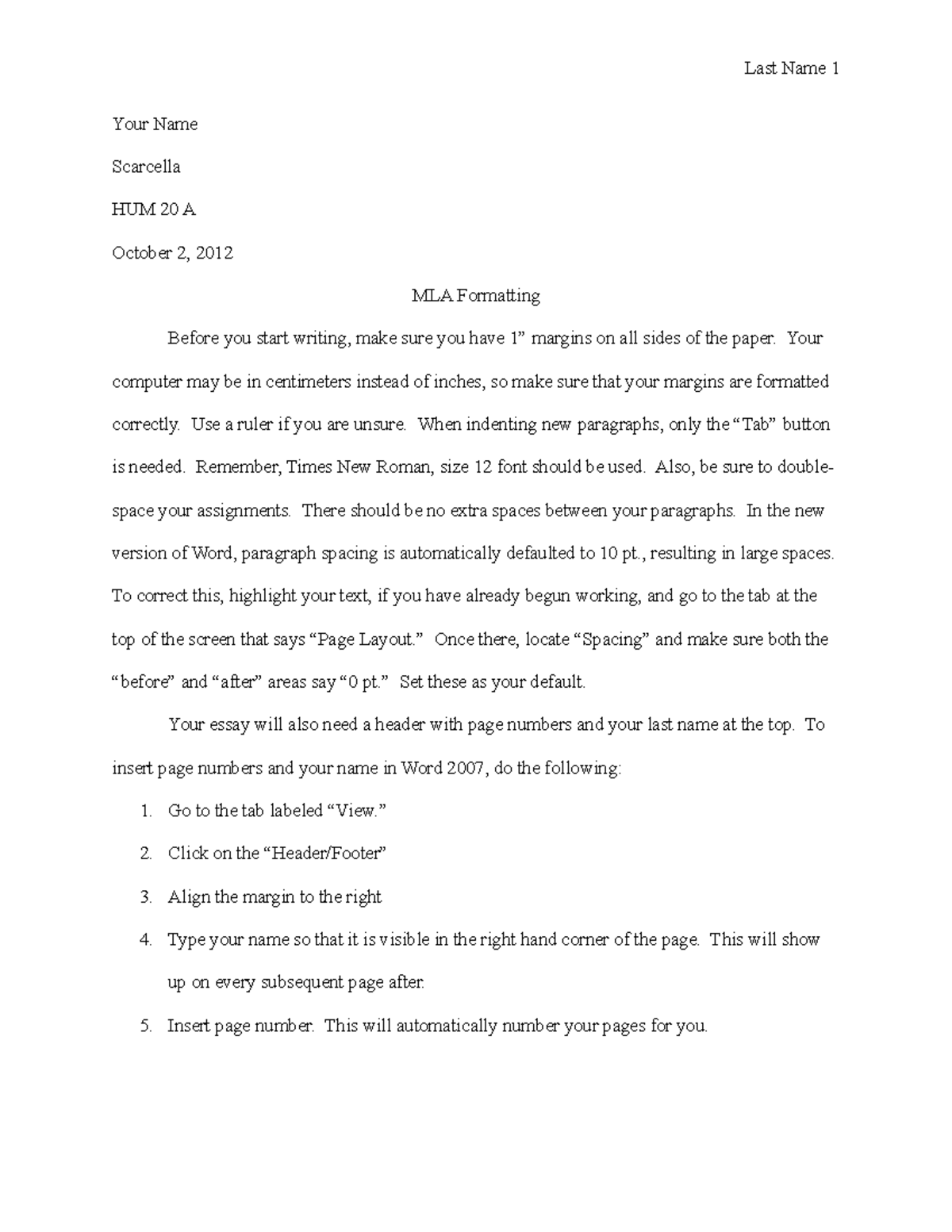 Test student mla - MLA - Last Name 1 Your Name Scarcella HUM 20 A ...