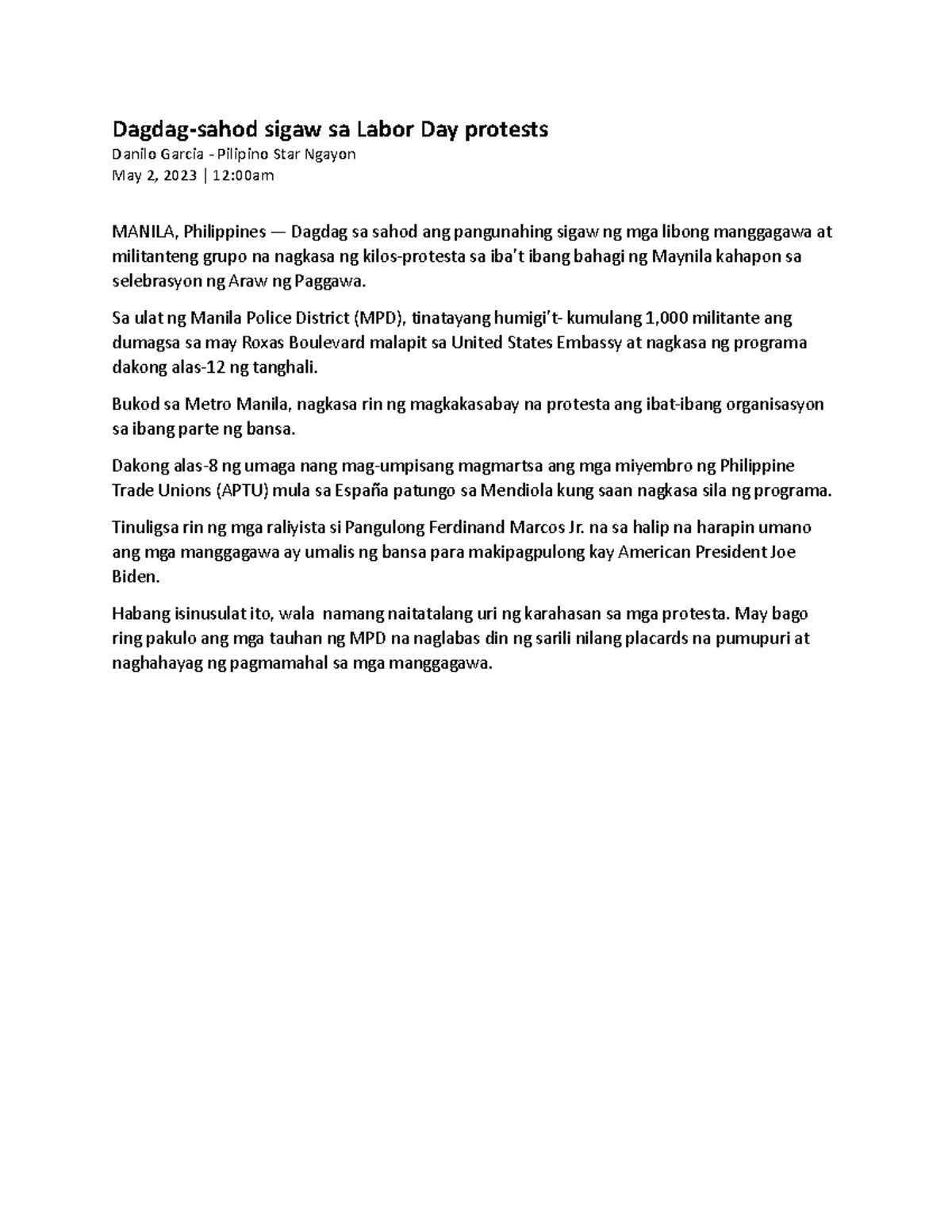 For copy reading Latest news - Dagdag-sahod sigaw sa Labor Day protests ...