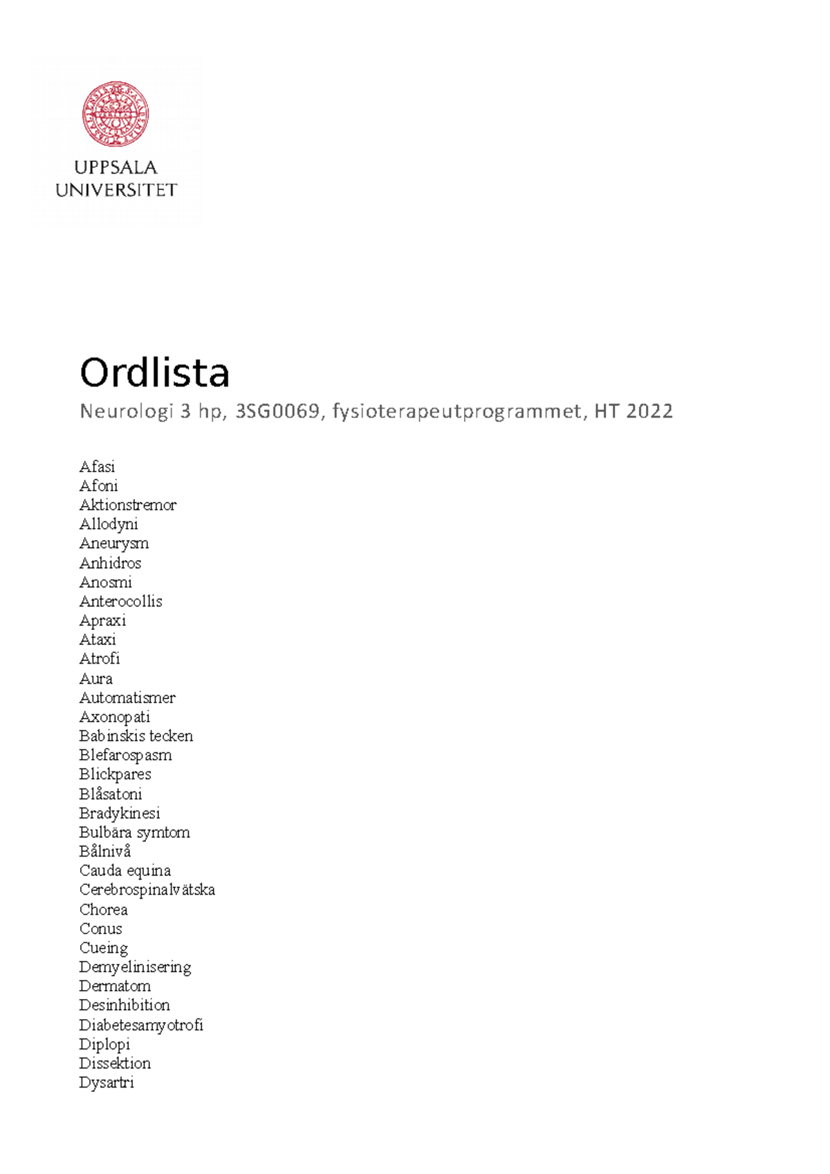 Ordlista 220824 - Ordlista Neurologi 3 hp, 3SG0069 ...