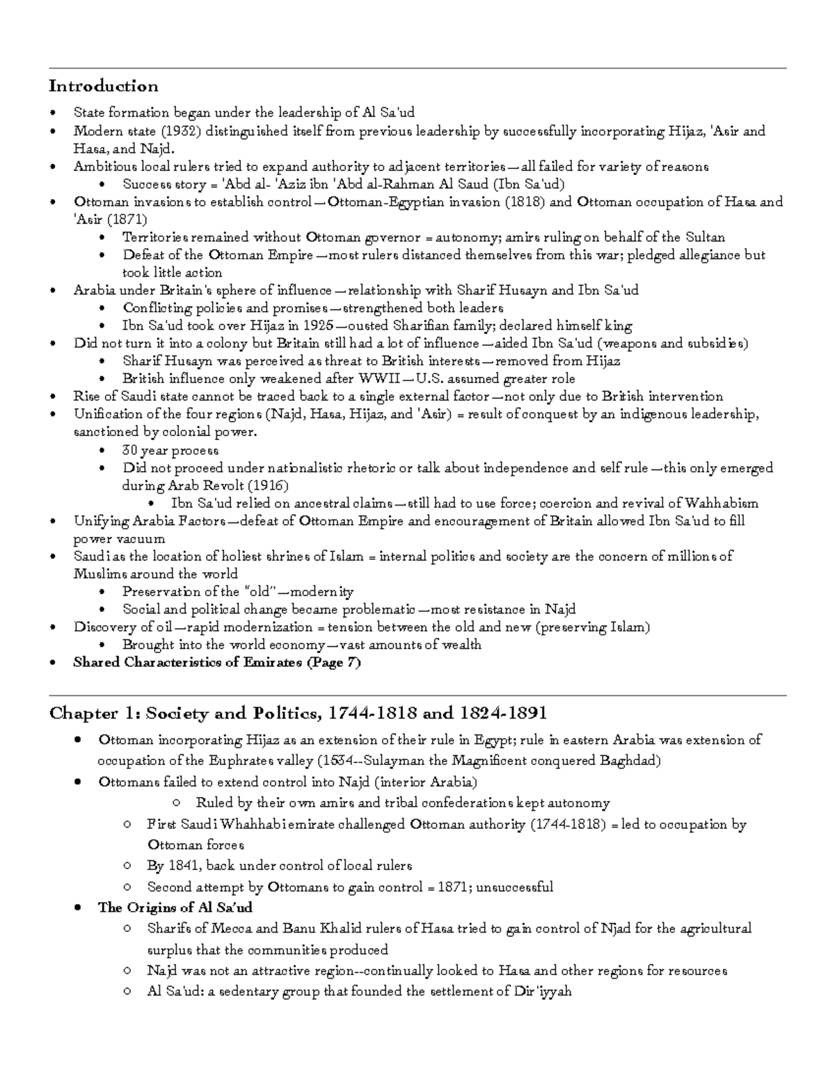 Al-Rasheed Notes - Summary Middle East Politics - formation began under ...