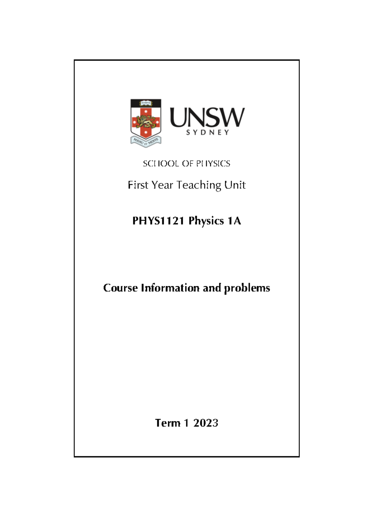 1A Lower PSW Book - SCHOOL OF PHYSICS ####### First Year Teaching Unit ...