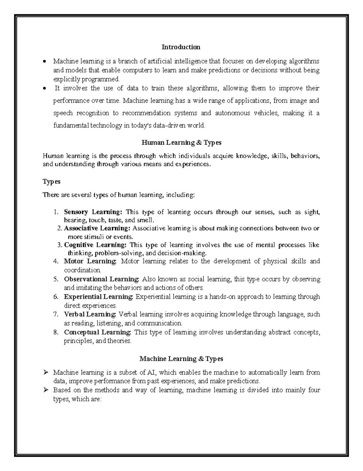 MC4301 Unit I Introduction to ML - Introduction Machine learning is a ...