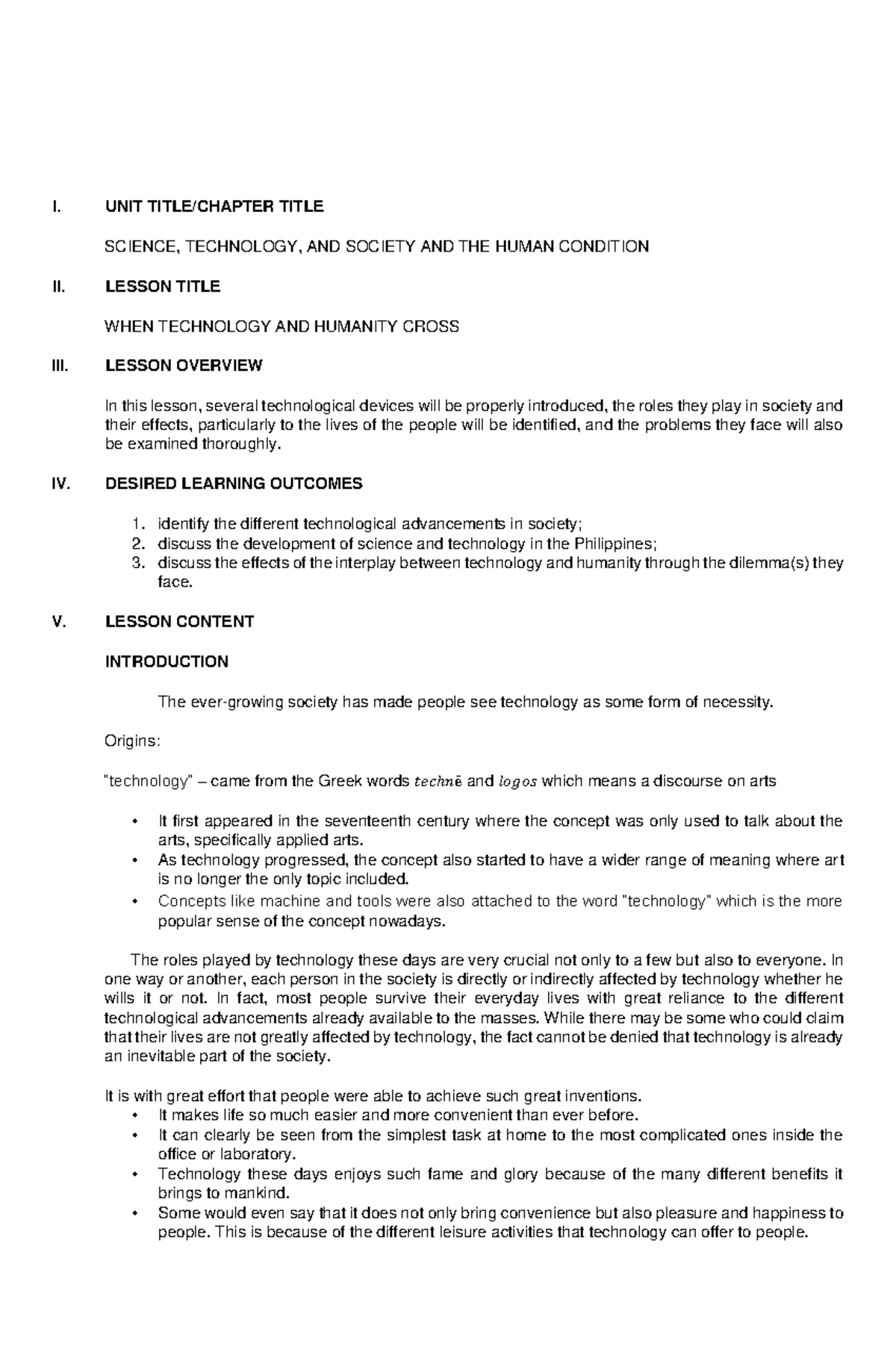 Science, Technology and Society Lesson 9 - I. UNIT TITLE/CHAPTER TITLE ...
