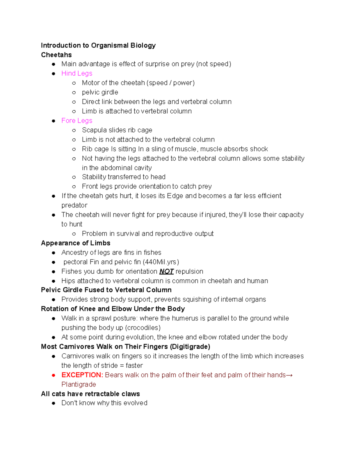 BIO 1130 - Midterm 1 notes - Introduction to Organismal Biology ...