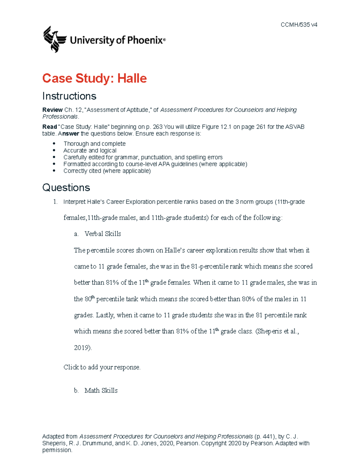 Wk 4 Case study Halle - CCMH/535 v Case Study: Halle Instructions Review Ch. 12, “Assessment of ...
