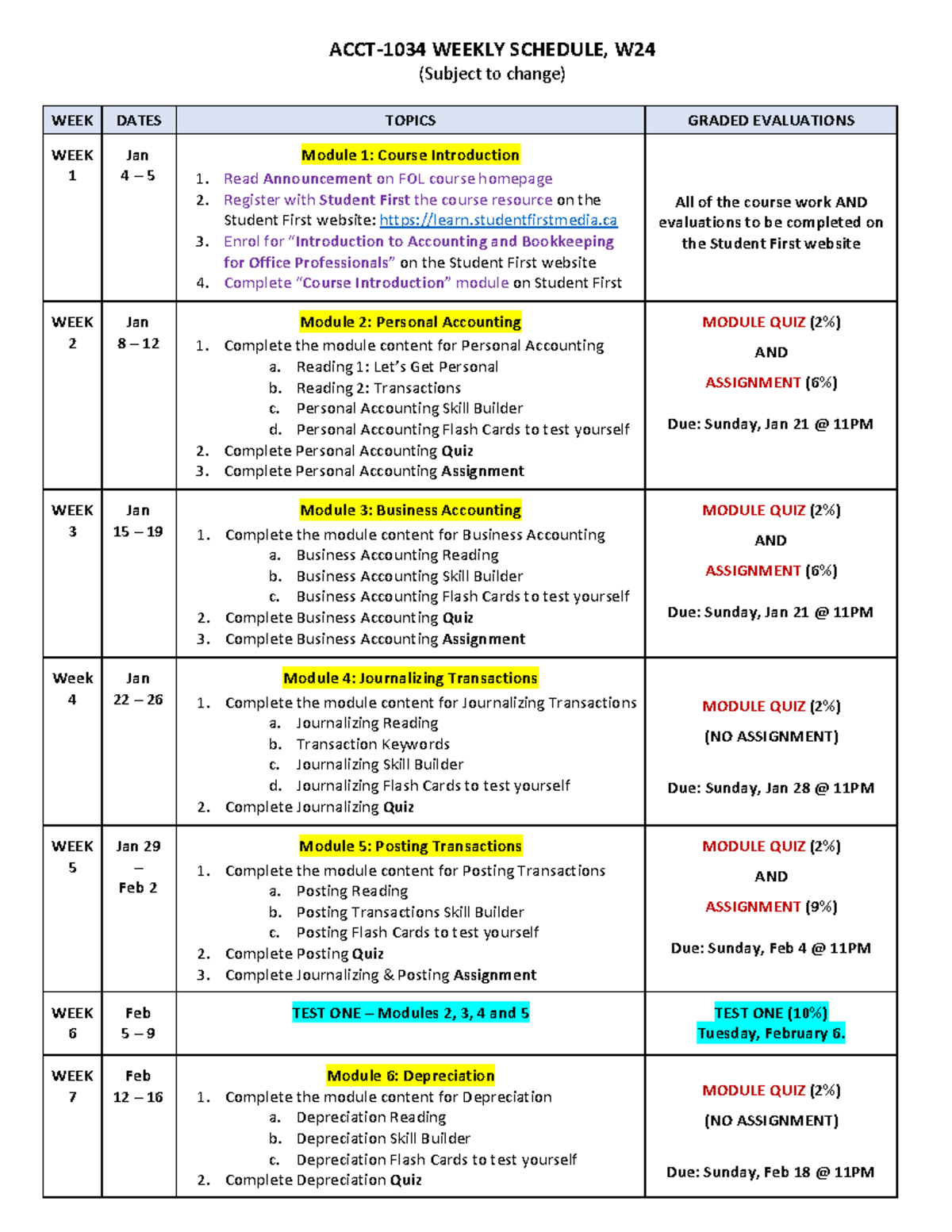 Accounting- Schedule - Notes for year - ACCT- 1034 WEEKLY SCHEDULE, W ...