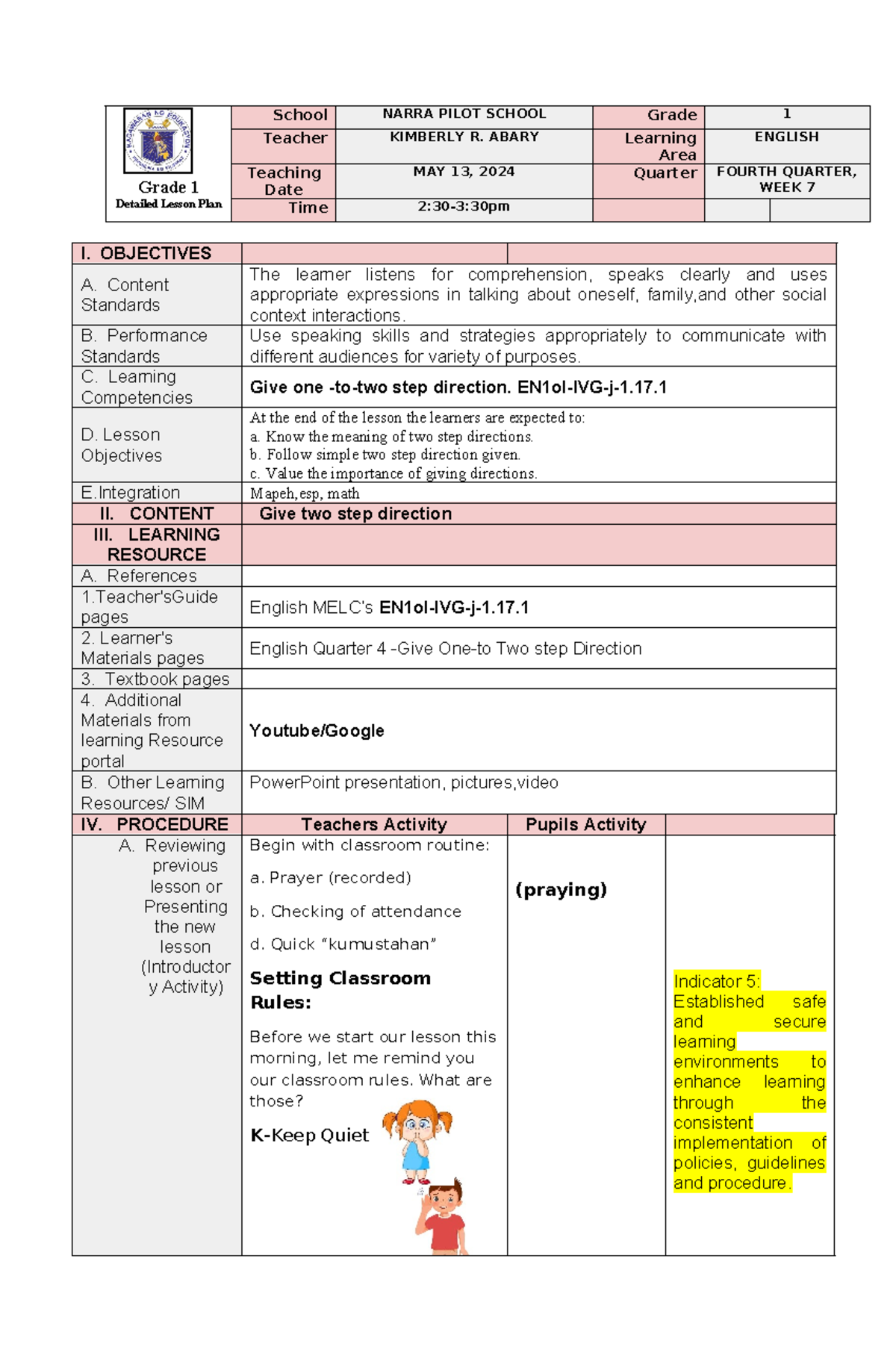 English 1 Q4 WEEK 7 - Grade 1 Detailed Lesson Plan School NARRA PILOT ...