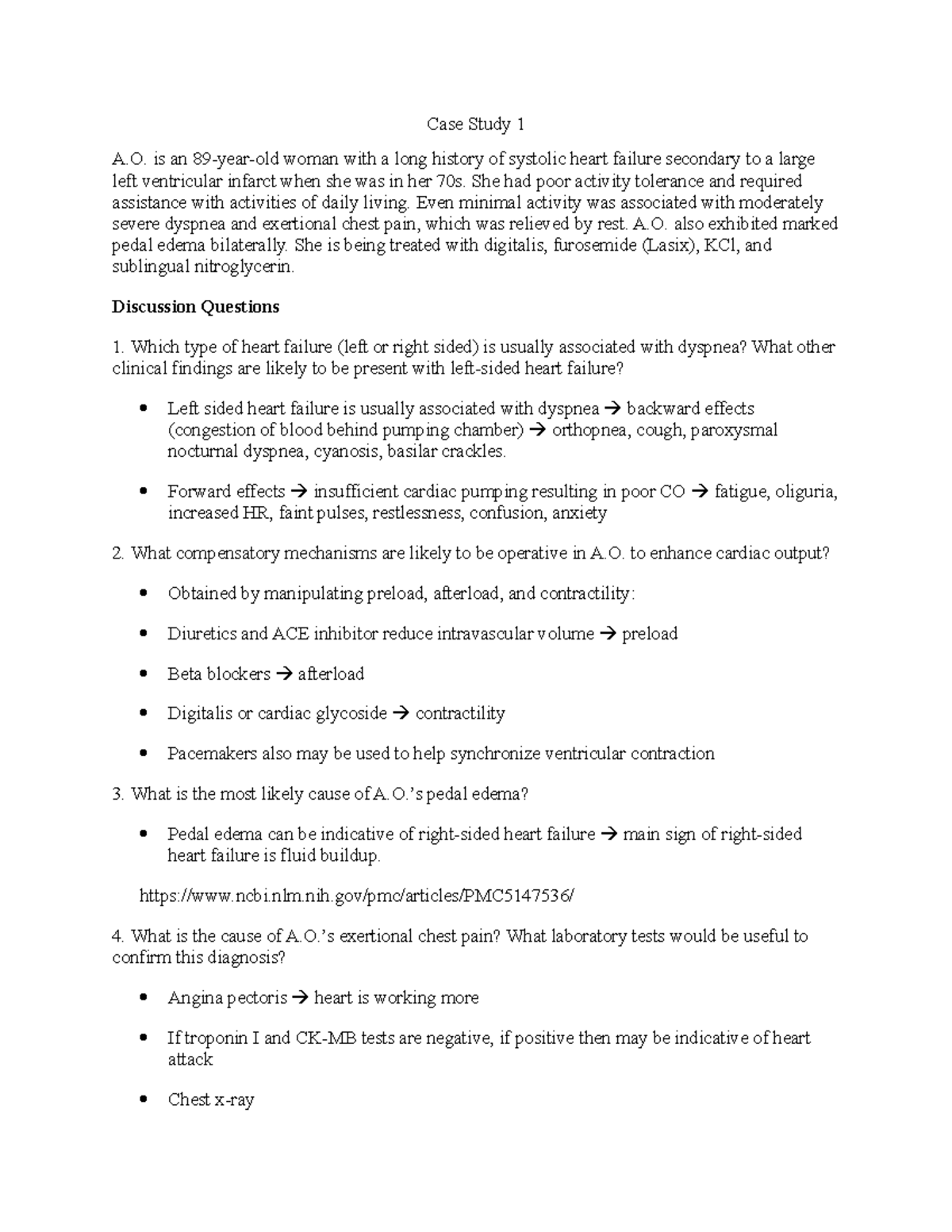 Case Study 1 Alterations in Cardiac Function - Case Study 1 A. is an 89 ...
