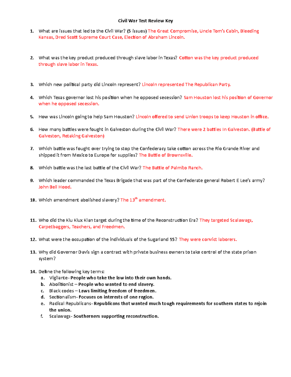 Civil War Test Review 2022 - Civil War Test Review Key 1. What are ...