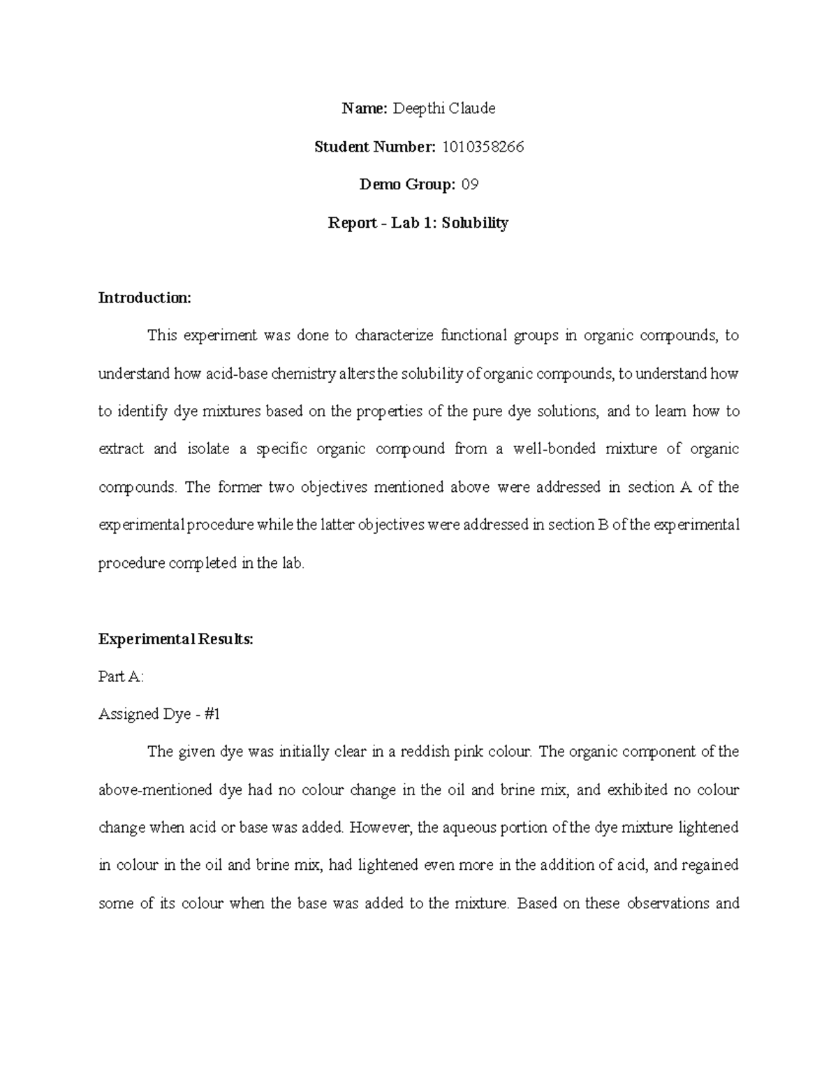 Lab 1 - Solubility Report - Name: Deepthi Claude Student Number ...