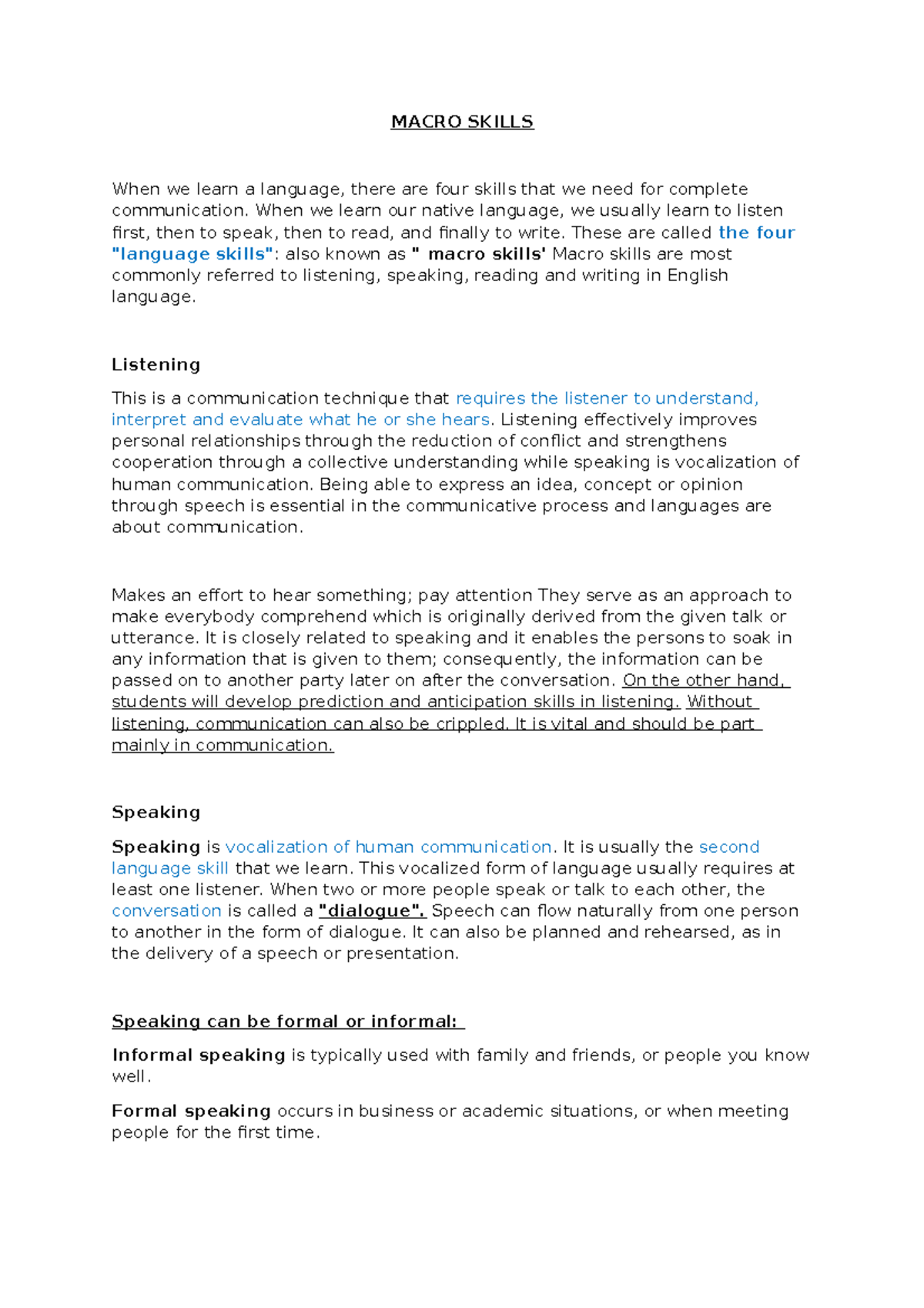 Teaching And Assessment Of Macro Skills Four Macro Skills In Communication Macro Skills
