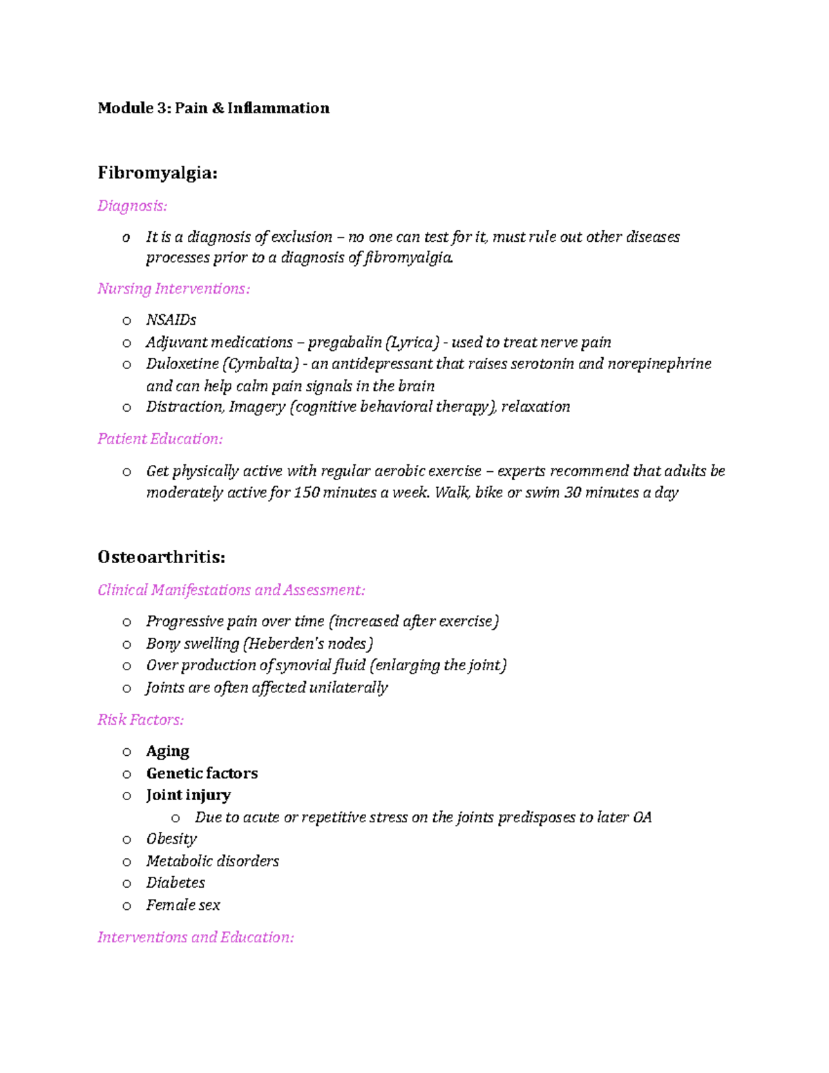 Med Surg Exam 2 Study - Module 3: Pain & Inflammation Fibromyalgia ...