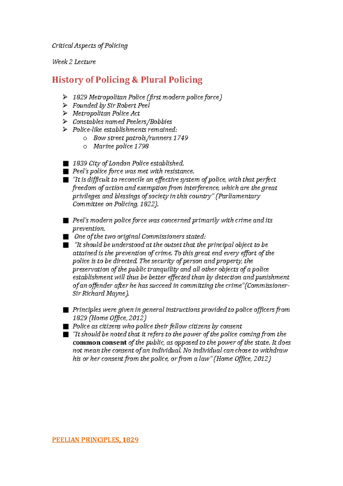 Lecture 2 - Critical Aspects of Policing Week 2 Lecture History of ...