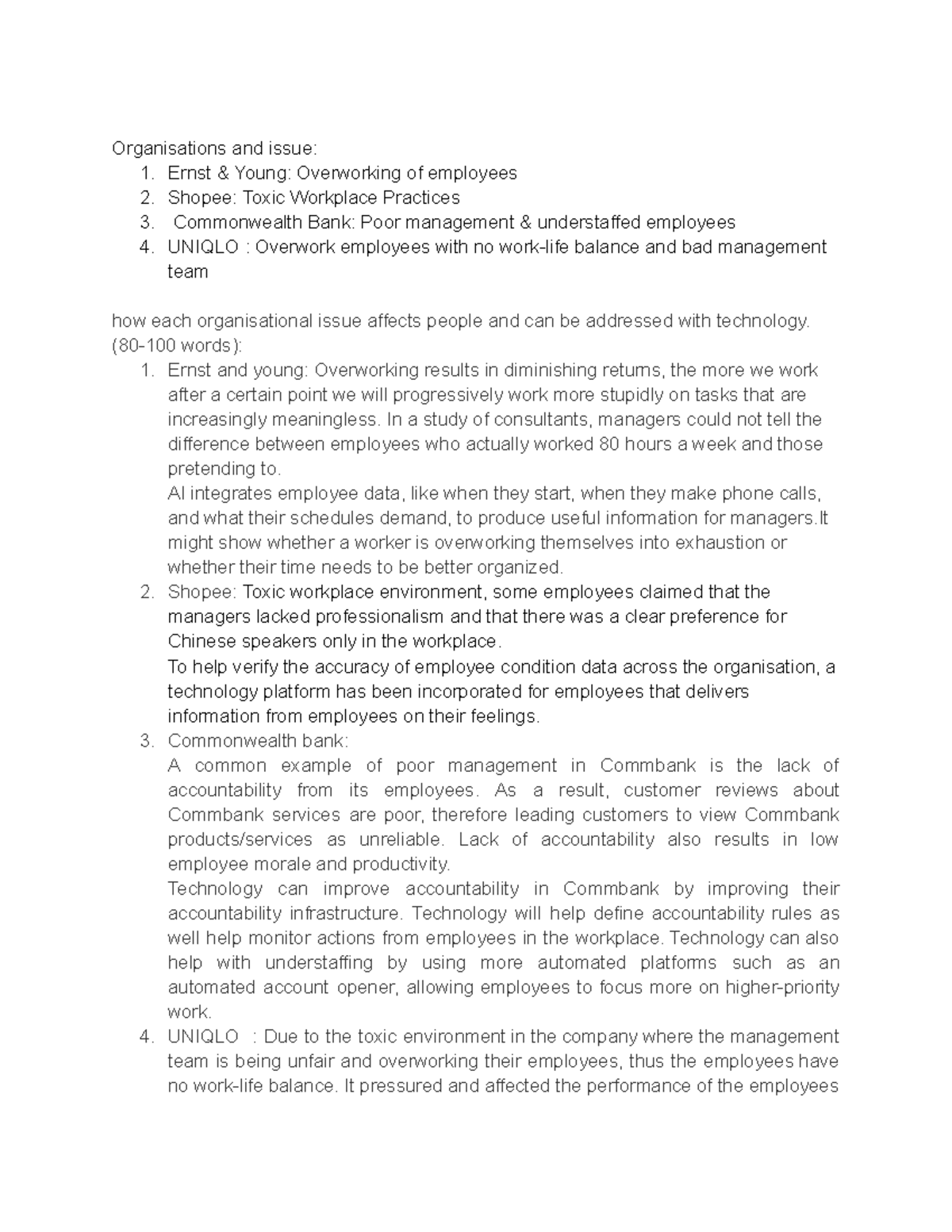 COMM1170 Hurdle Task - Organisations and issue: 1. Ernst & Young ...