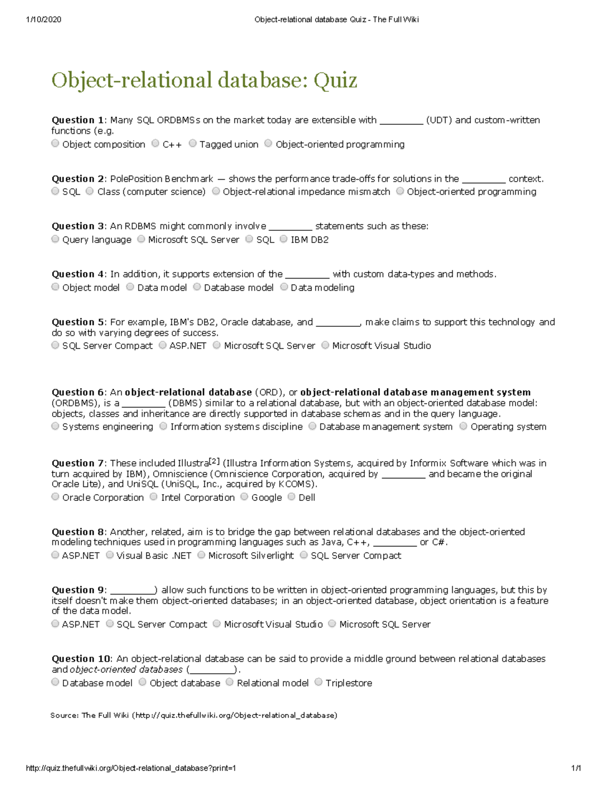 Object-relational database Quiz - The Full Wikic - thefullwiki/Object ...