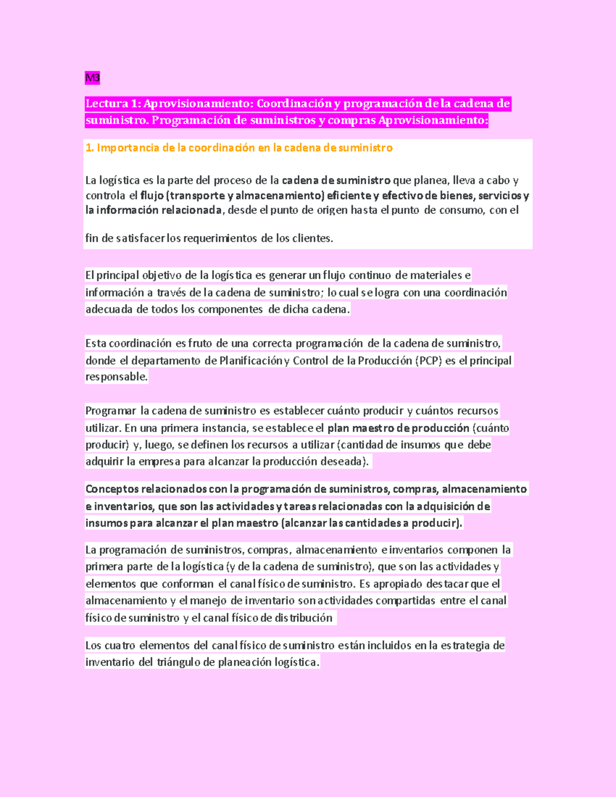 Logistica M3 Y M4 - resumen m y m4 - M Lectura 1: Aprovisionamiento: Coordinación y programación ...