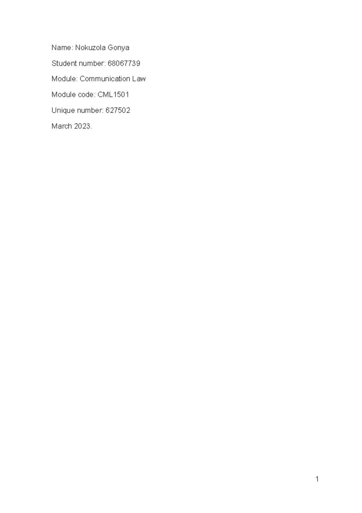 CML1501 Assignment 1 - LAW - Name: Nokuzola Gonya Student number ...