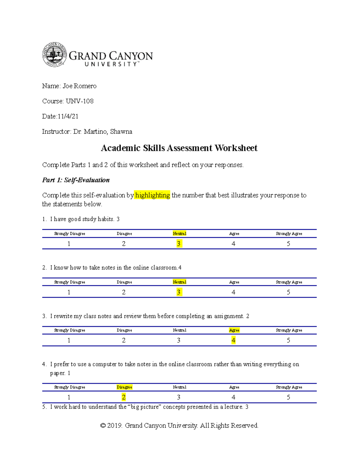 Academic skills assessment worksheet. - Name: Joe Romero Course: UNV ...