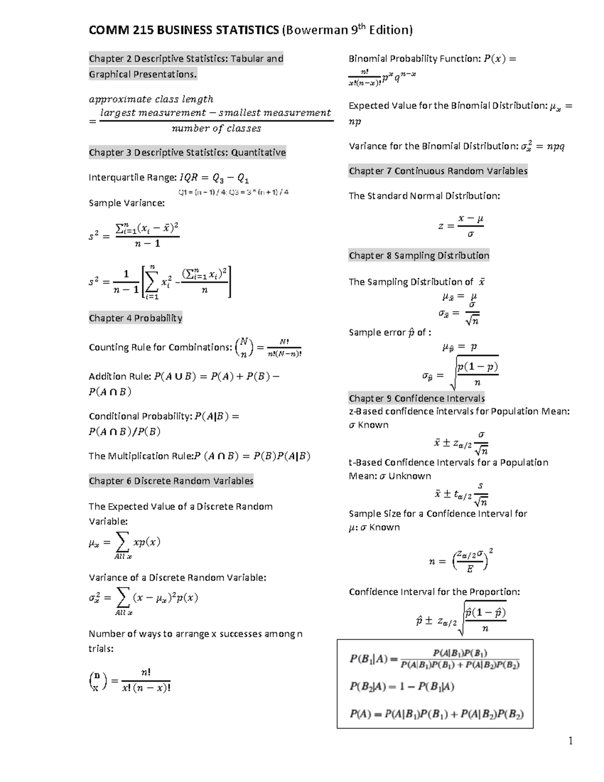 Formula sheet final exam 2024 - ####### 1. ####### 1. ####### 1. COMM ...