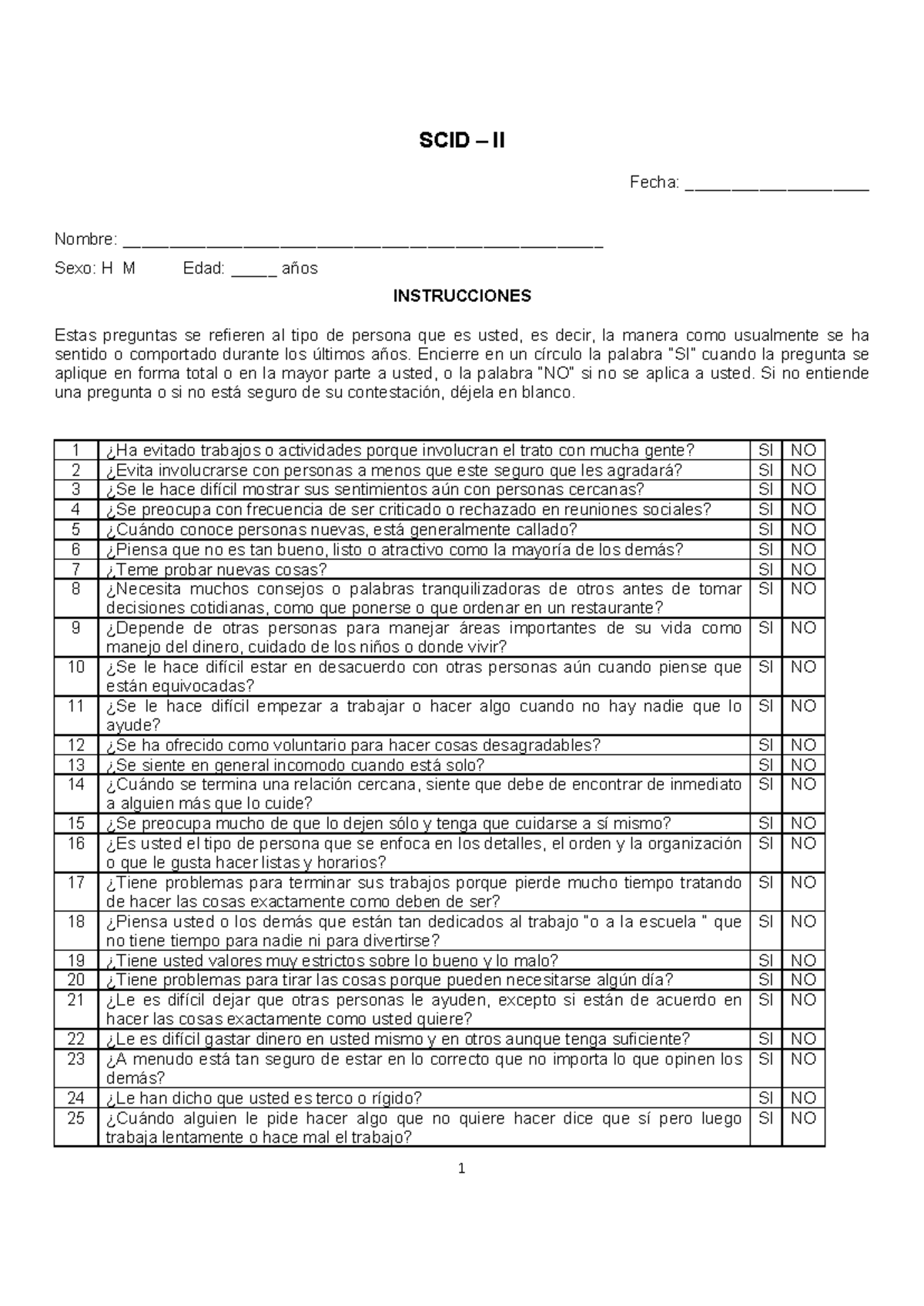 Cuestionario - SCID – II Fecha: ____________________ Nombre: - Studocu