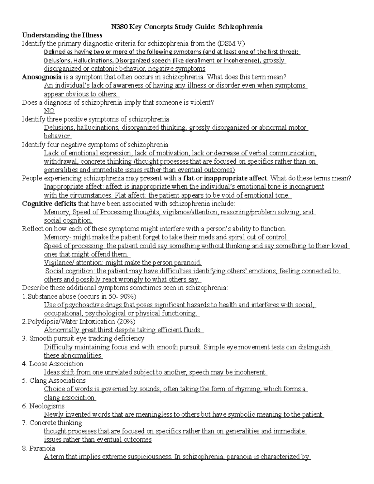 Schizophrenia Study guide - N380 Key Concepts Study Guide ...